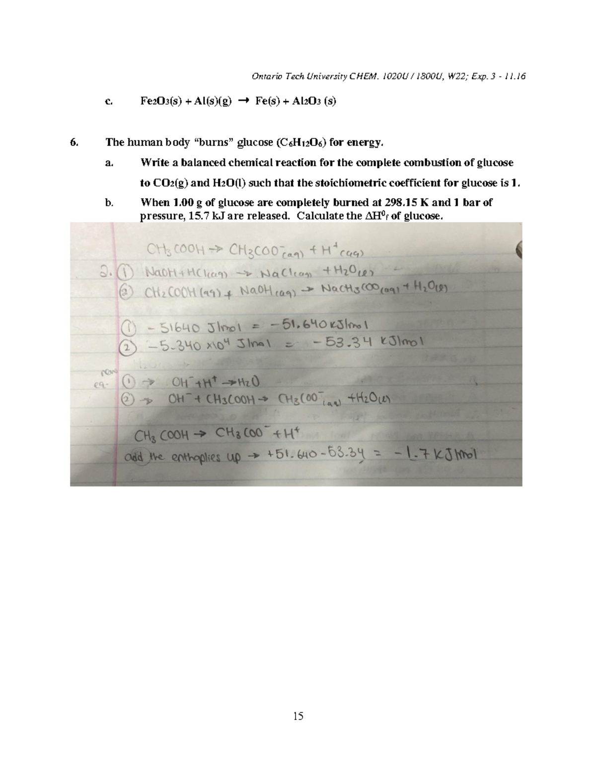 Lab3 Thermochemistry-15 - CHEM1800U - Ontario Tech University CHEM ...