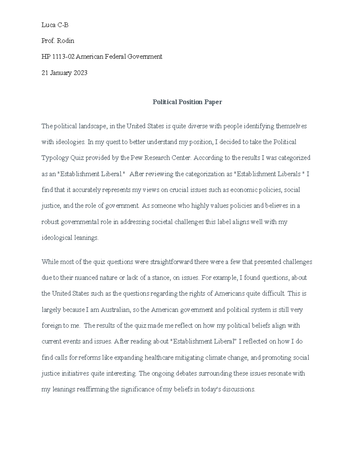 Political Position Paper - Luca C-B Prof. Rodin HP 1113-02 American ...