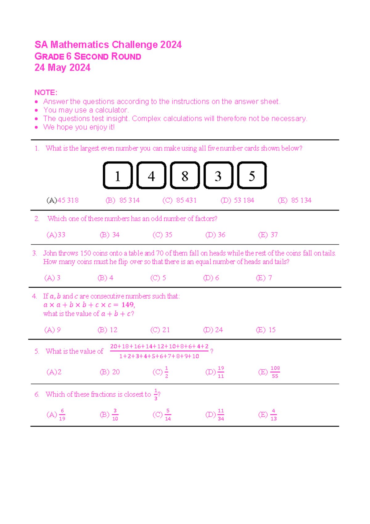 Grade 6224 - Mathematics competition test - SA Mathematics Challenge 20 ...