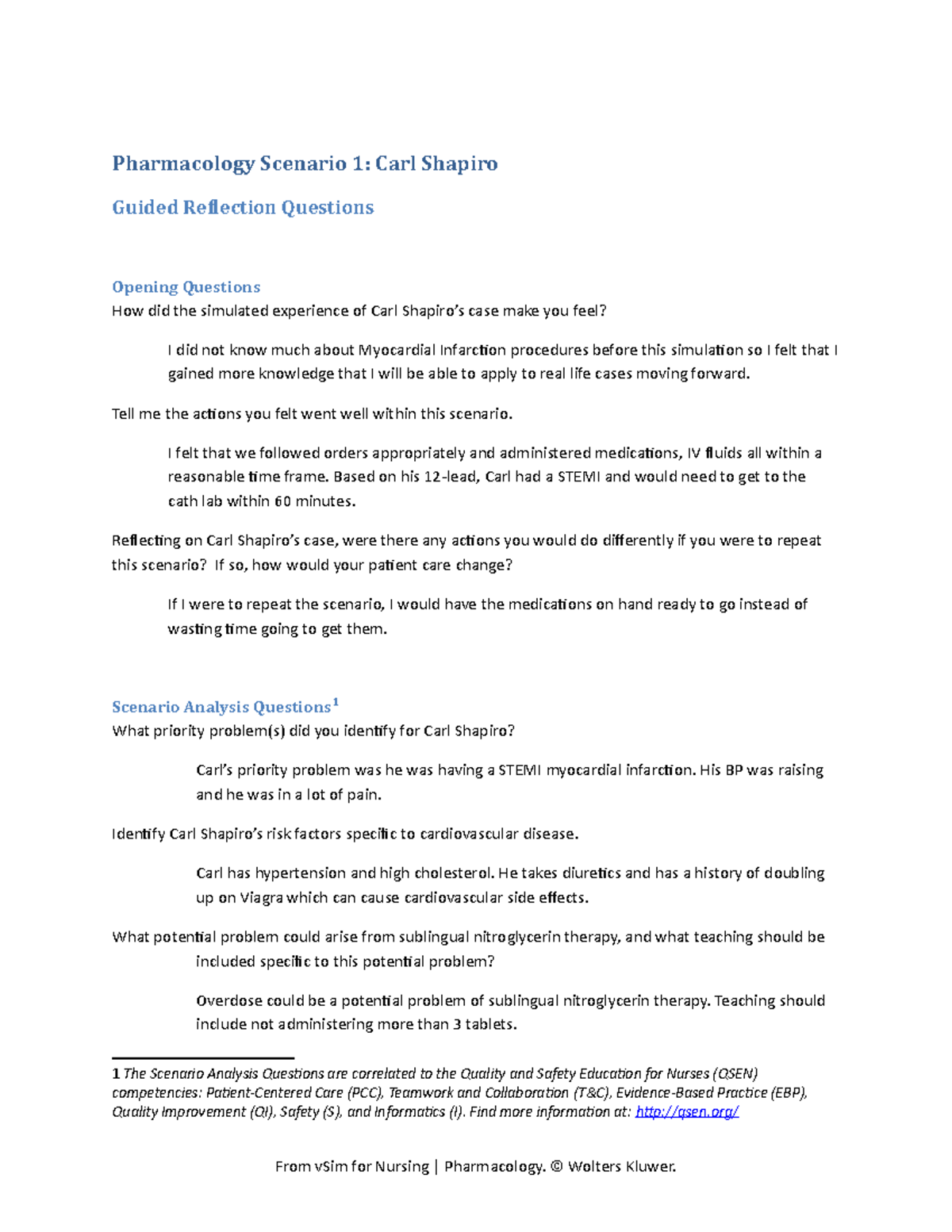 Carl Shapiro reflection questions - Pharmacology Scenario 1: Carl ...