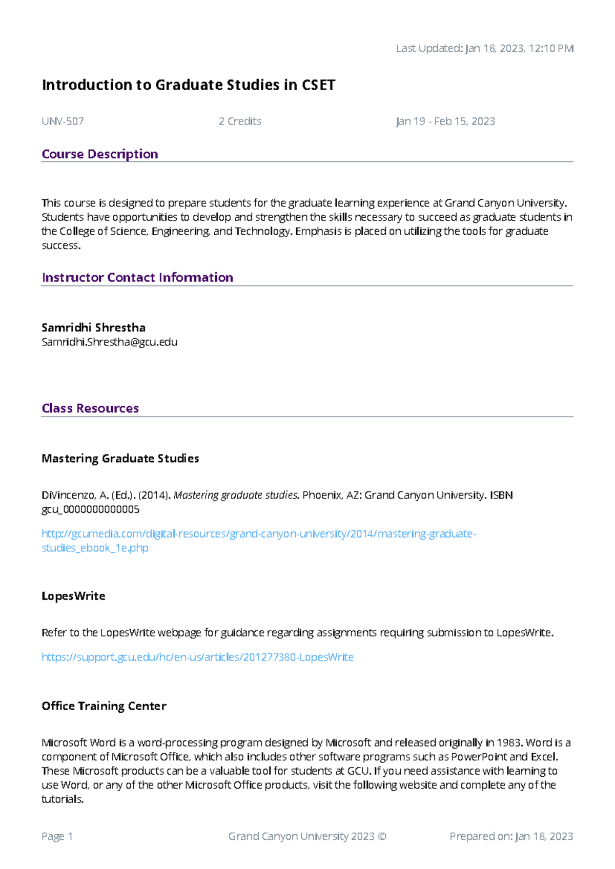 Syllabus UNV-507-O500-20230119 - Last Updated: Jan 18, 2023, 12:10 PM Introduction to Graduate ...