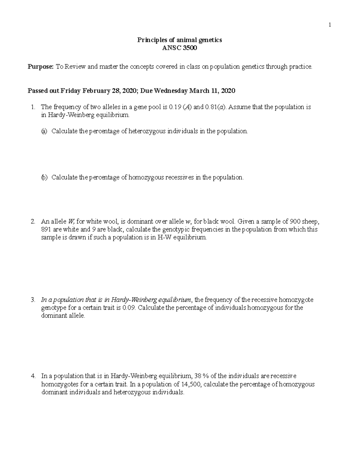 Population Genetics Assignment - Principles of animal genetics ANSC ...