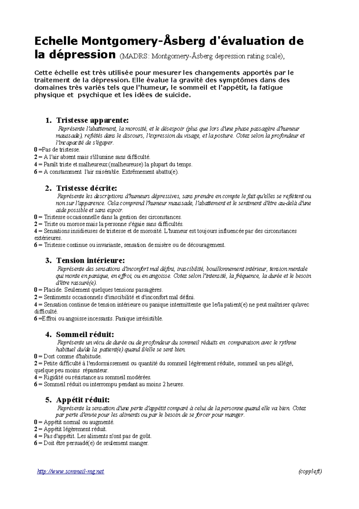 Madrs echelle depression - Echelle Montgomery-Åsberg d'évaluation de la ...