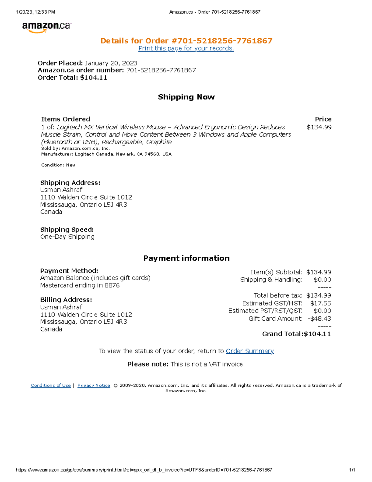 Amazon.ca - Order 701-5218256-7761867 - 1/20/23, 12:33 PM Amazon ...
