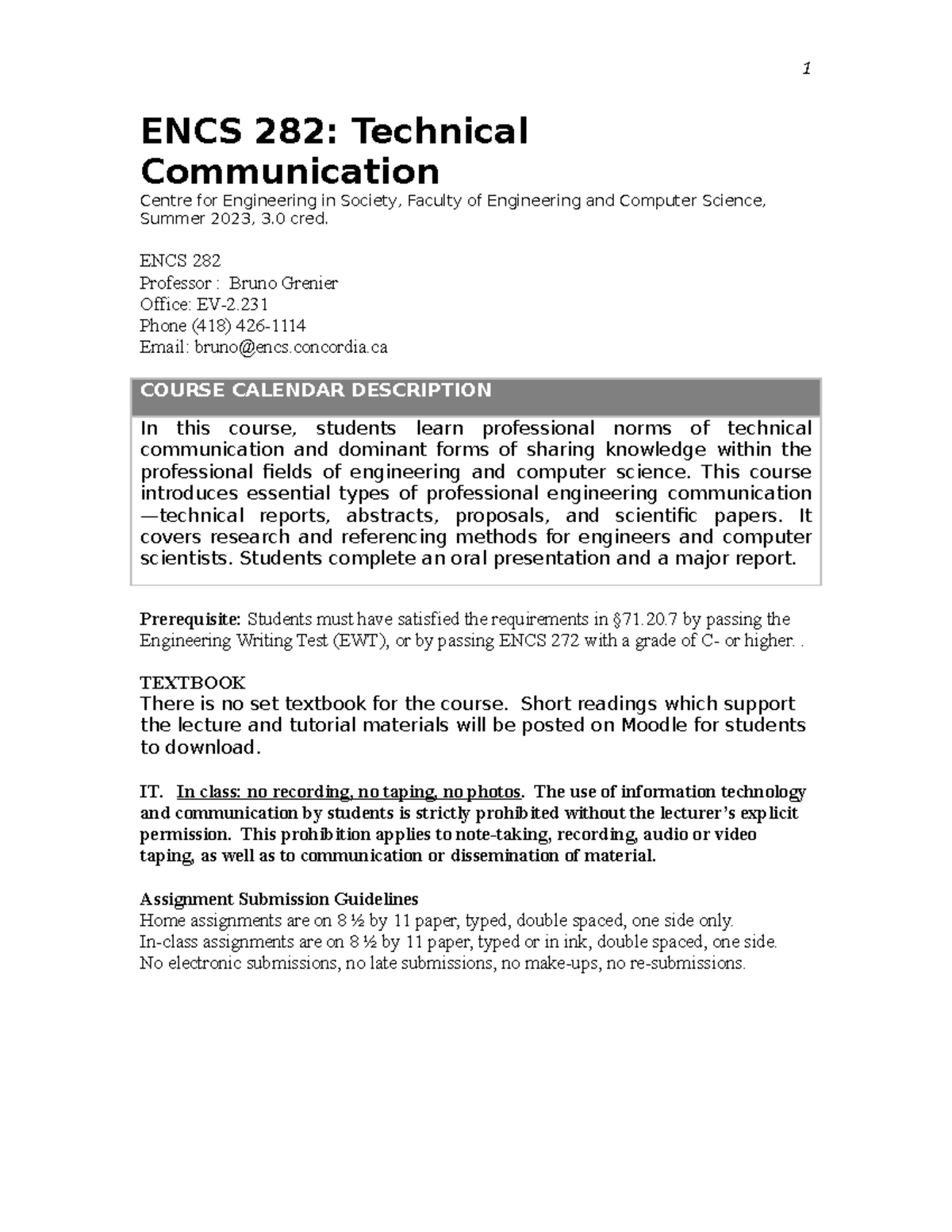 Course Outline Summer 2023 - ENCS 282: Technical Communication Centre ...