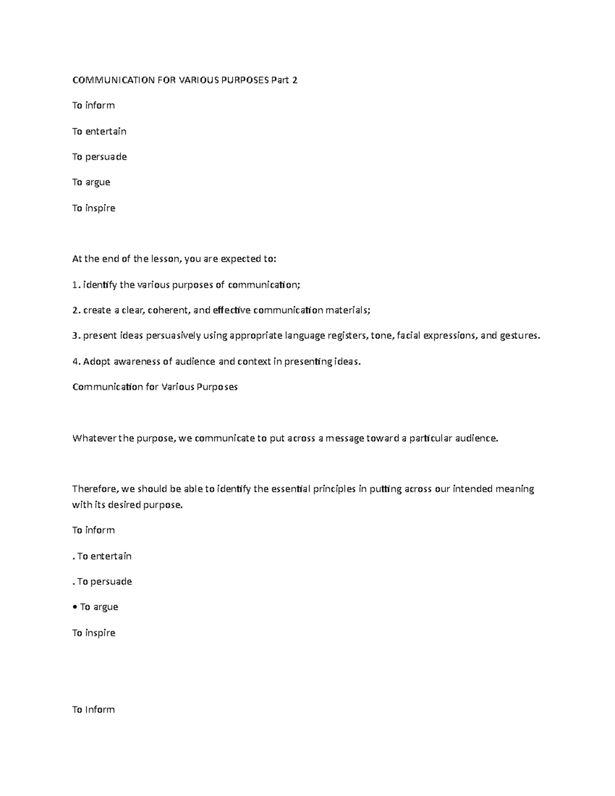 Communication FOR Various Purposes - COMMUNICATION FOR VARIOUS PURPOSES ...