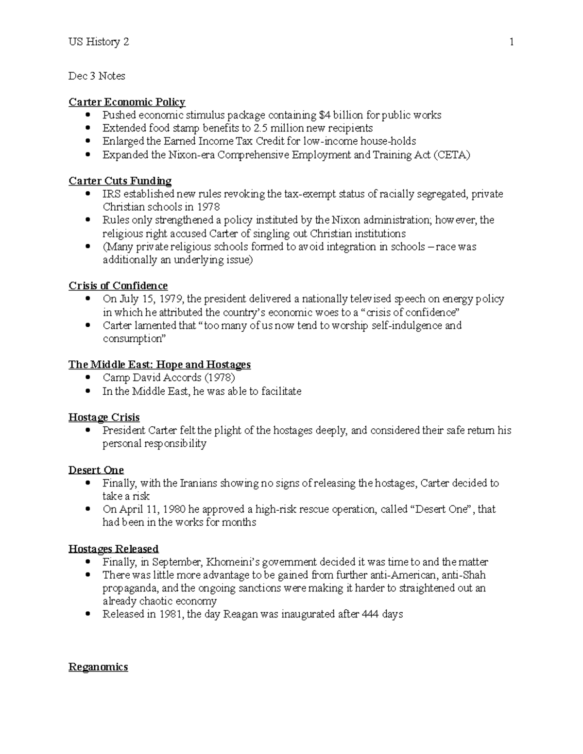 Hist - Dec 3 Notes - US History 2 Dec 3 Notes Carter Economic Policy ...
