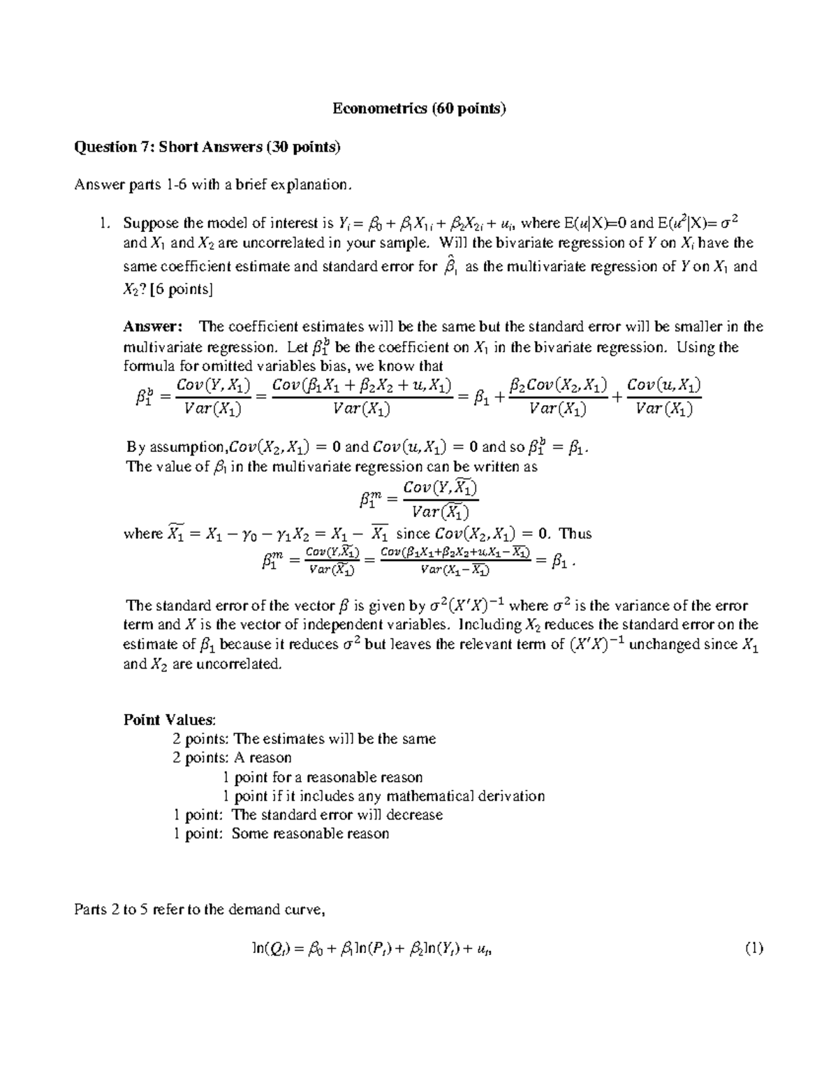 Honors Exam 2012 Econometrics With Answers Econometrics 60 Points