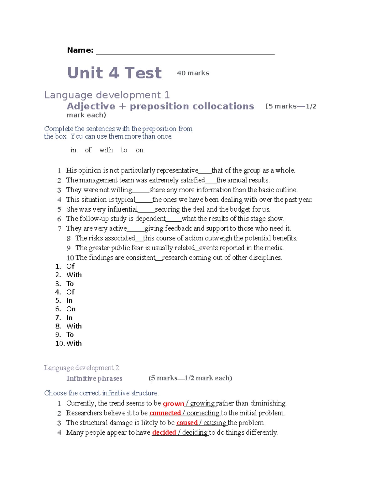 UNIT 4 WRITING TEST - Name: Unit 4 Test 40 marks Language development 1 ...