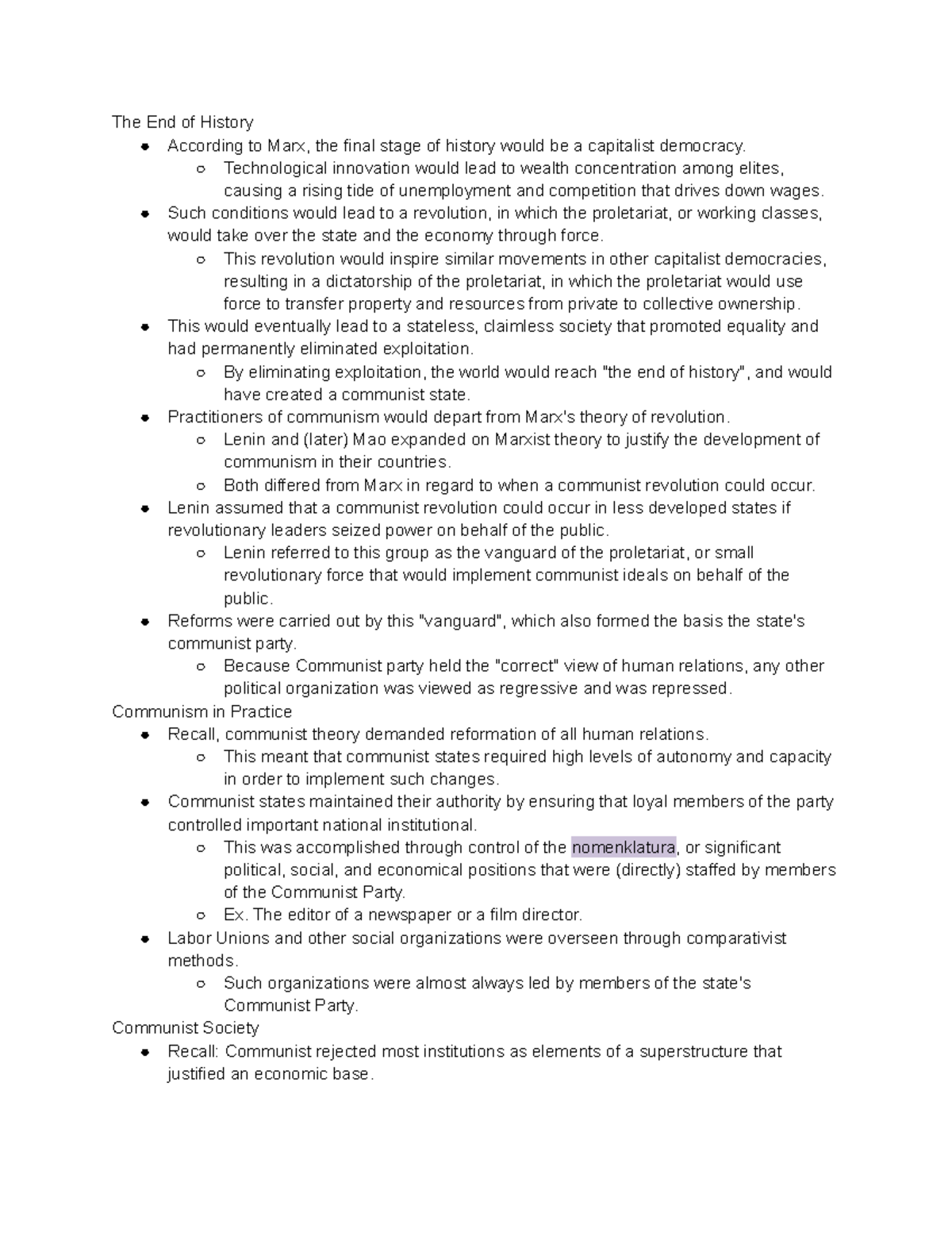 Chapter 9 - The End of History According to Marx, the final stage of ...