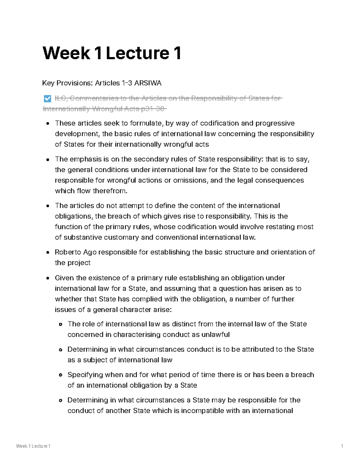 Week 1 Lecture 1 - Week 1 Lecture 1 Key Provisions: Articles 1 3 ARSIWA ...