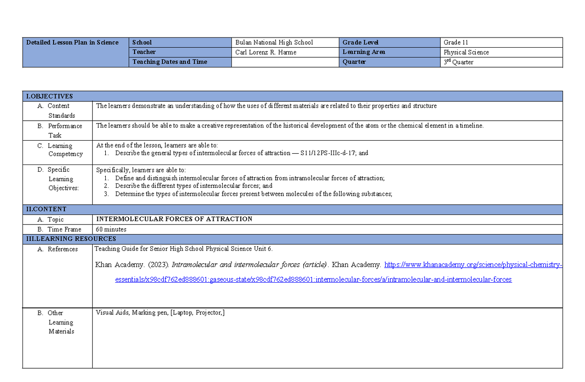 2.0. Intermolecular-Forces-Of-Attraction. Lesson Plan - Detailed Lesson ...