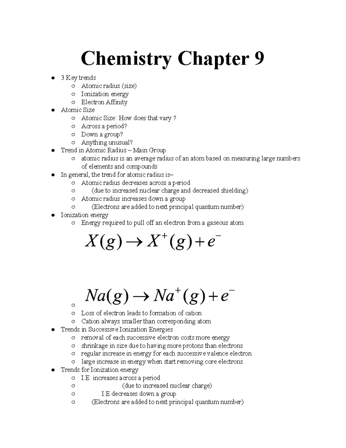Chem notes chap 9 - Chemistry Chapter 9 3 Key trends Atomic radius ...