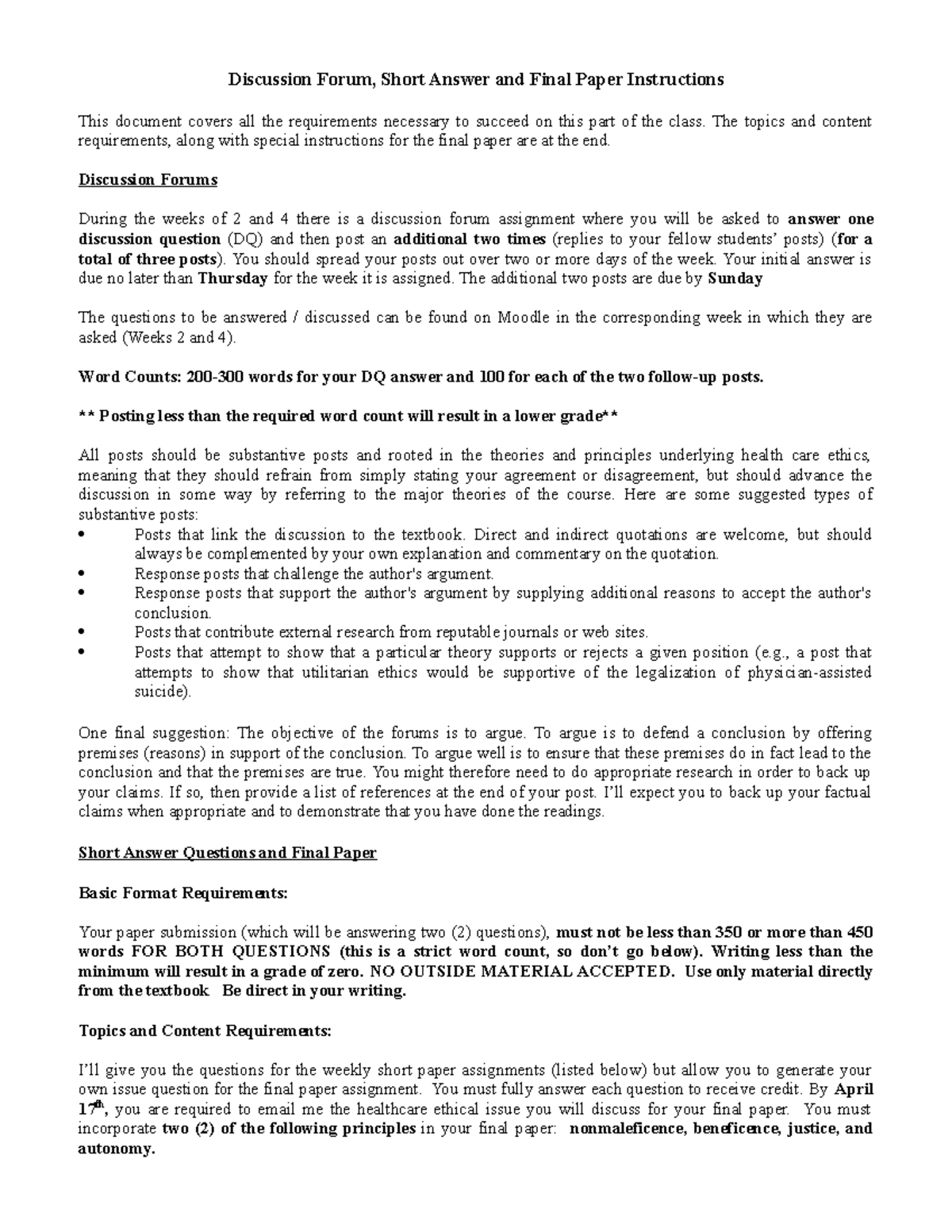 Discussion Forum, Short Answer and Final Paper Instructions - The ...