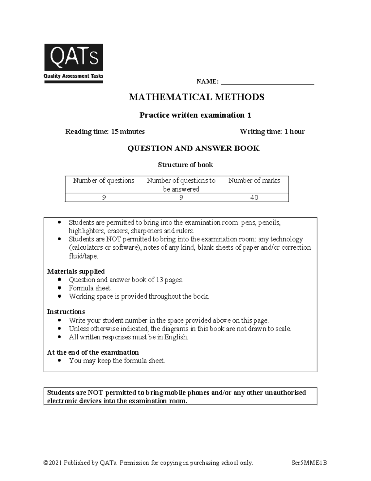 Ser5MME1B 2 - NAME: ____________________________ MATHEMATICAL METHODS ...
