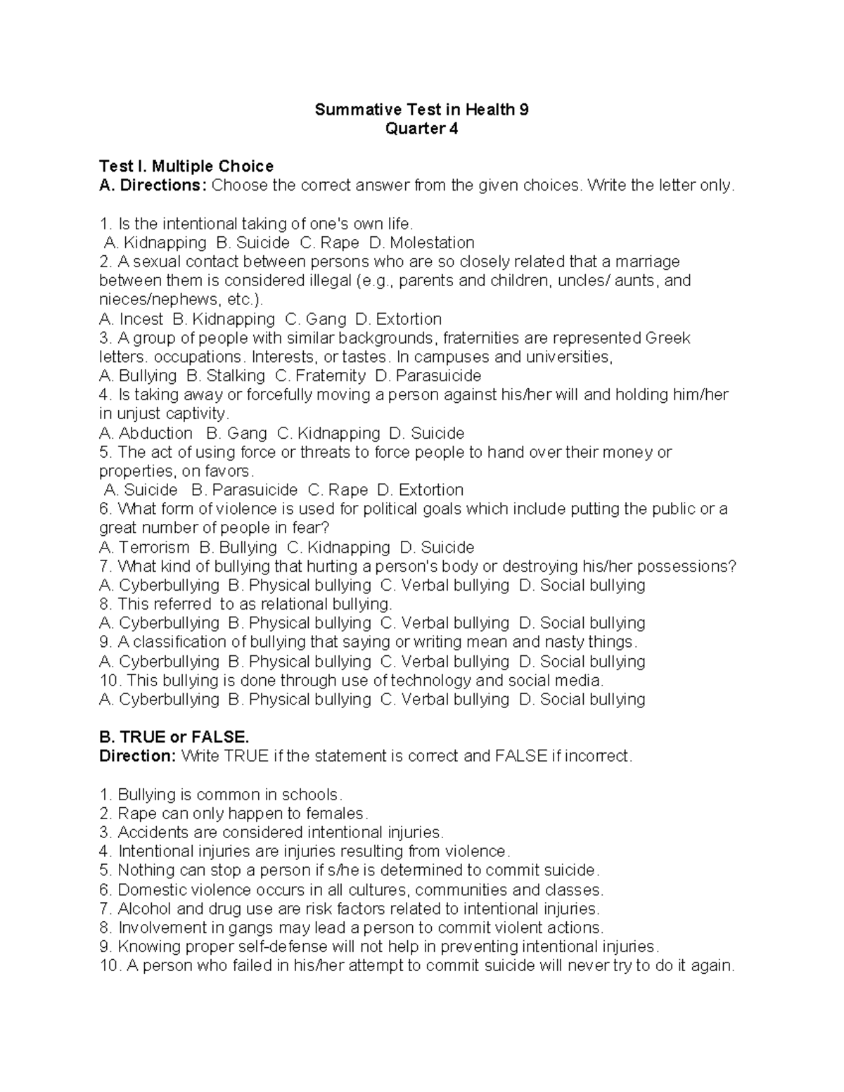 Summative Test in Health 9 Fourth Quarter - Summative Test in Health 9 ...