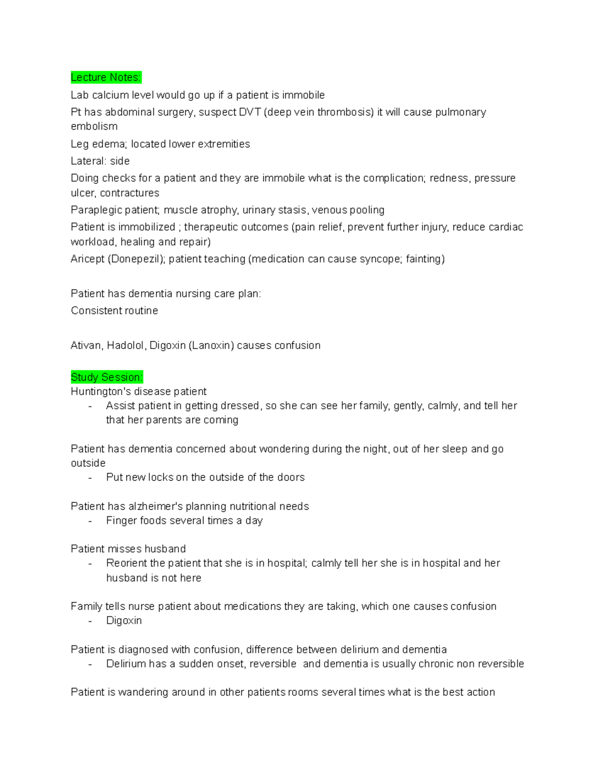 Delerium and Dementia Notes - Lecture Notes: Lab calcium level would go ...