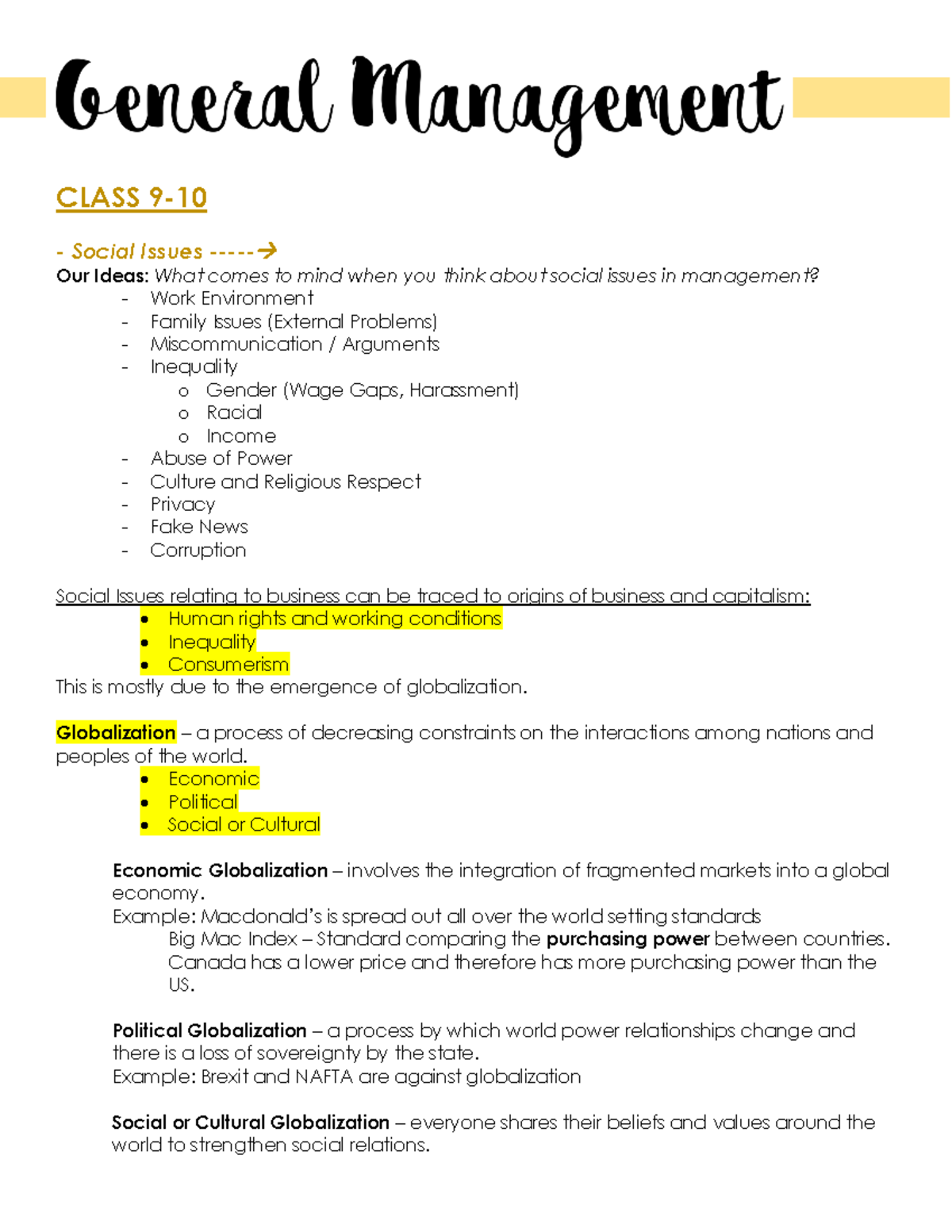 GMGT 1010 Class 9-10 - Lecture notes 9-10 - CLASS 9- Social Issues - → ...