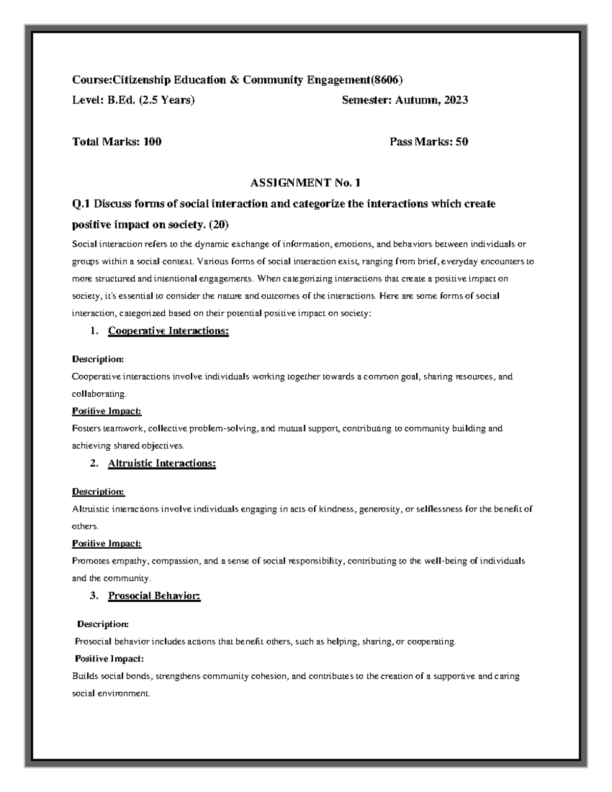 Assignment no 1 of 8606 - Course:Citizenship Education & Community Engagement(8606) Level: B. (2 ...