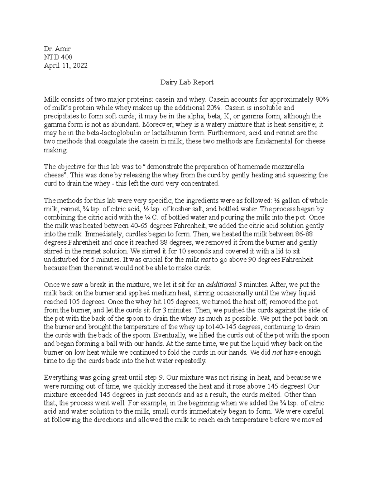 Dairy Lab Report - Dr. Amir NTD 408 April 11, 2022 Dairy Lab Report ...