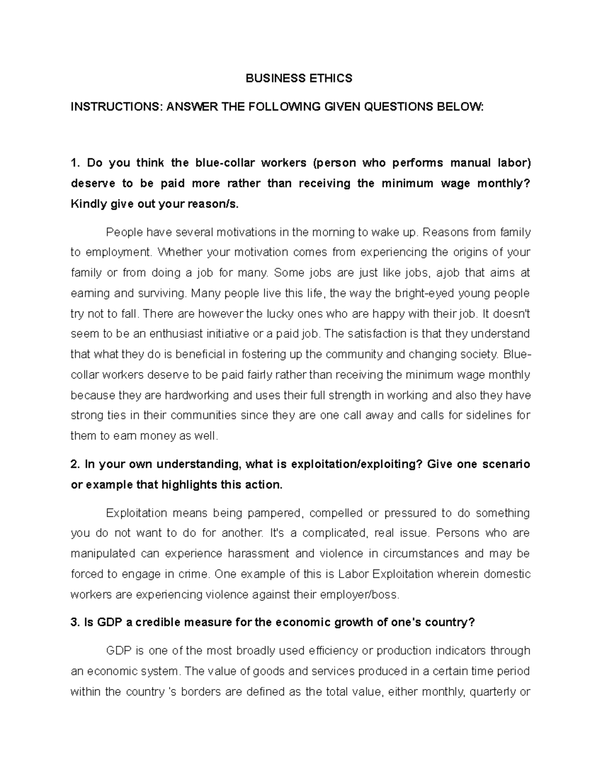 Essay - Business Ethics - BUSINESS ETHICS INSTRUCTIONS: ANSWER THE ...