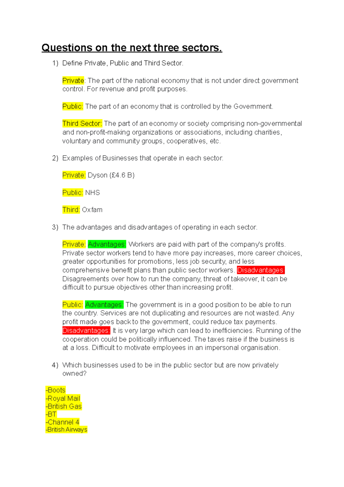 Different sectors - Questions on the next three sectors. Define Private ...