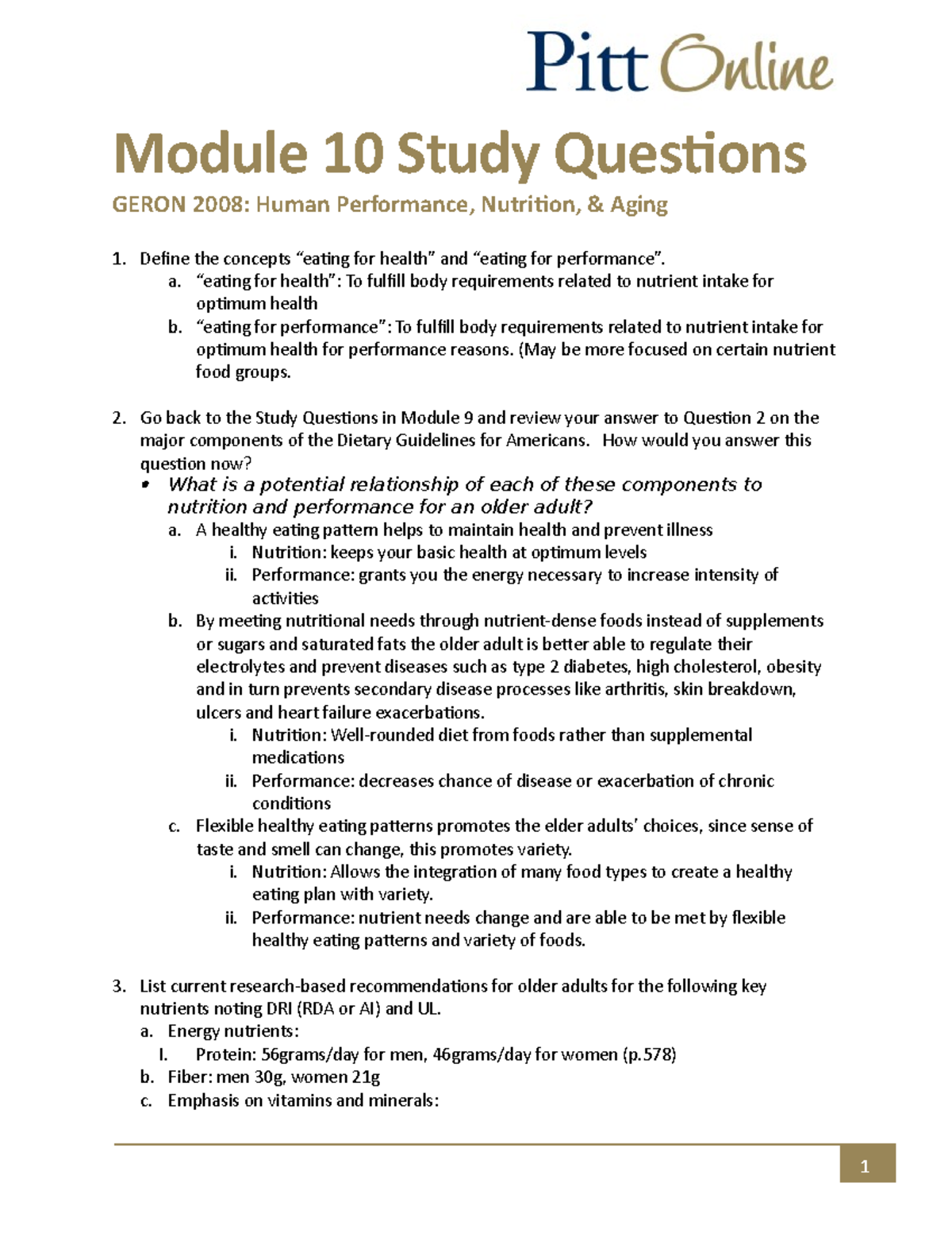 Module 10 Study Questions Answered - 1 Module 10 Study Questions GERON ...