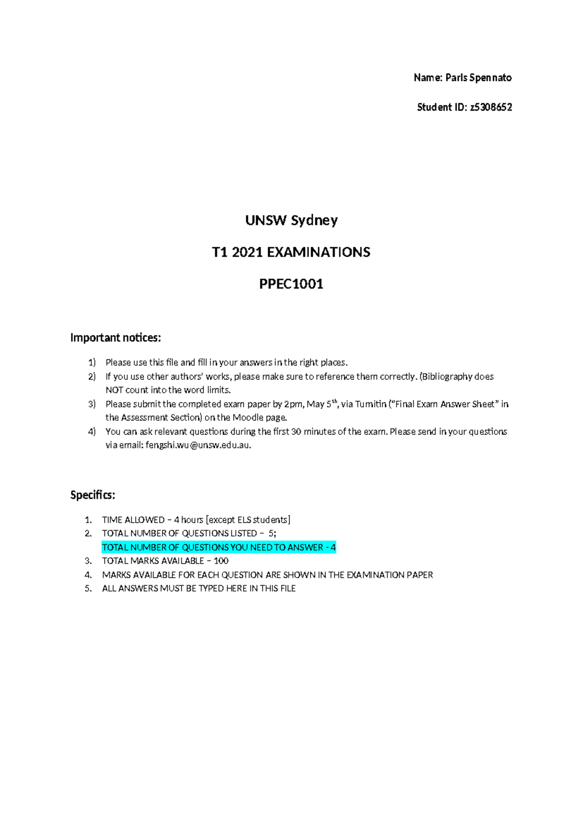 Exam paper PPEC1001 2021 - Name: Paris Spennato Student ID: z UNSW ...
