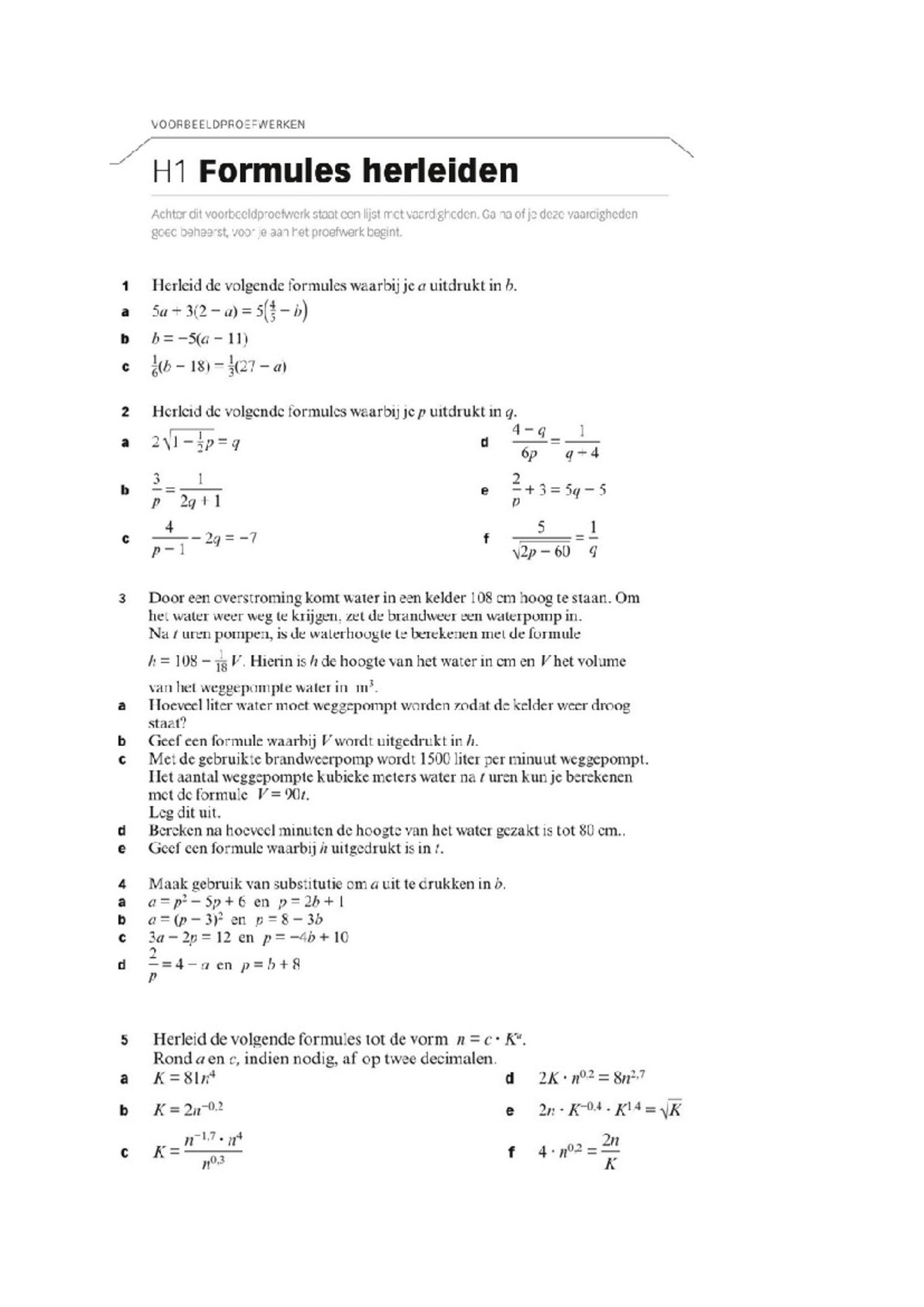 V5wa Voorbeeldproefwerk H1 - VOORBEELDPROEFWERKEN H1 Formules herleiden ...