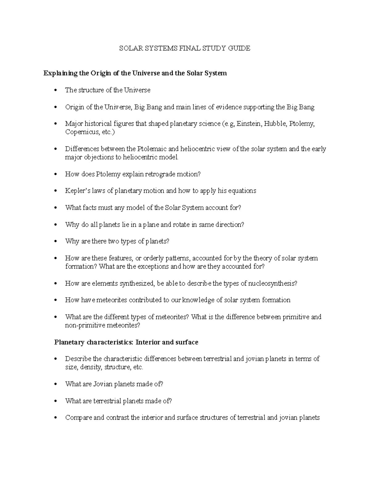 Solar Systems Final Study Guide - SOLAR SYSTEMS FINAL STUDY GUIDE ...