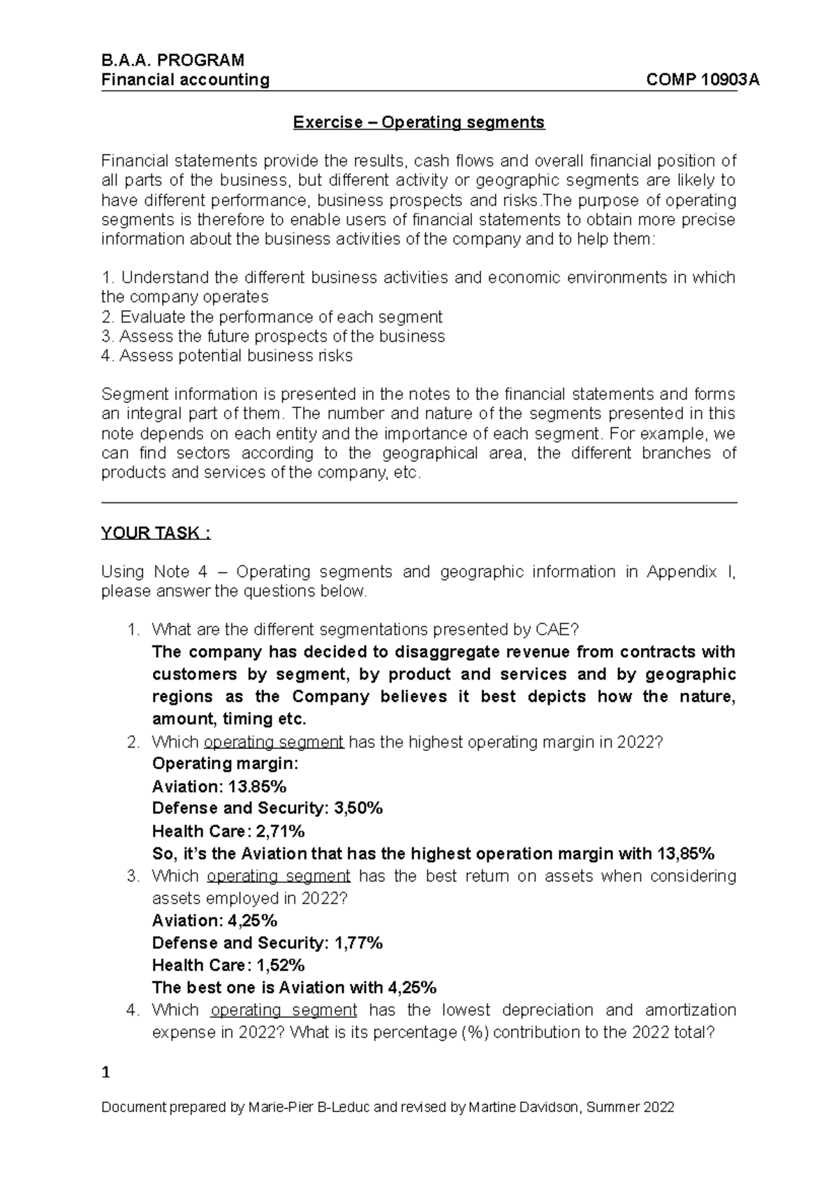 Exercise - Operating segments - B.A. PROGRAM Financial accounting COMP 10903A Exercise ...
