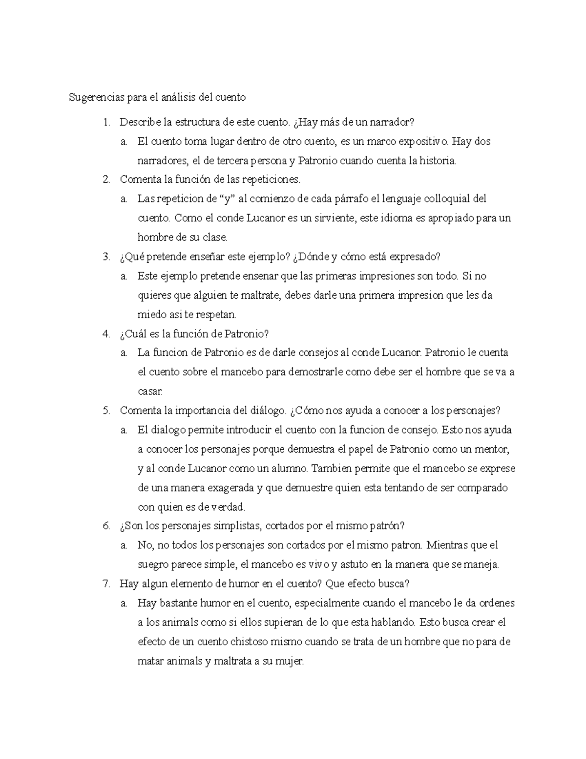 Analysis Questions - Sugerencias para el análisis del cuento Describe ...