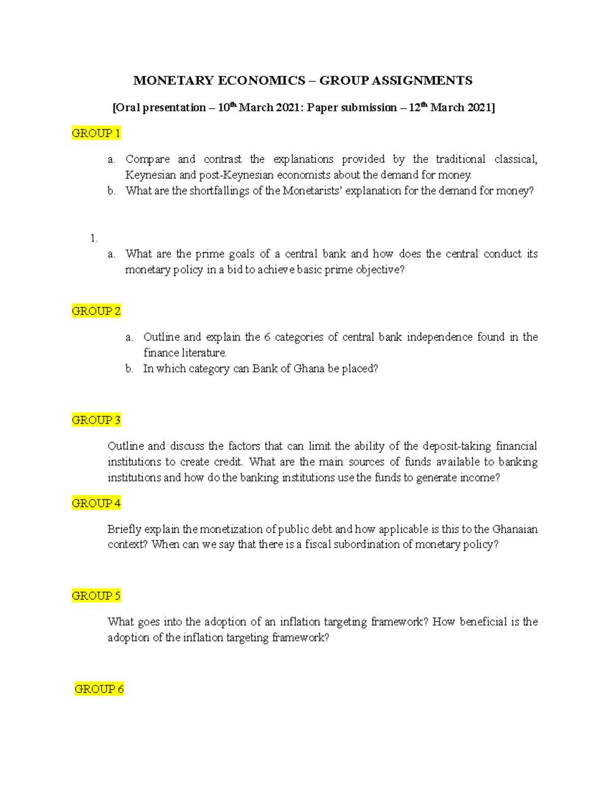 Monetary Economics Group Assignments 1 - MONETARY ECONOMICS – GROUP ...