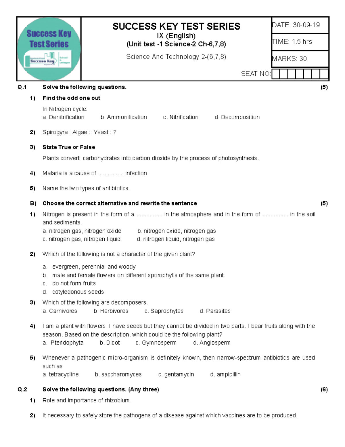 Class 9 E unit T-1 Science -2 Q - SEAT NO: SUCCESS KEY TEST SERIES IX ...