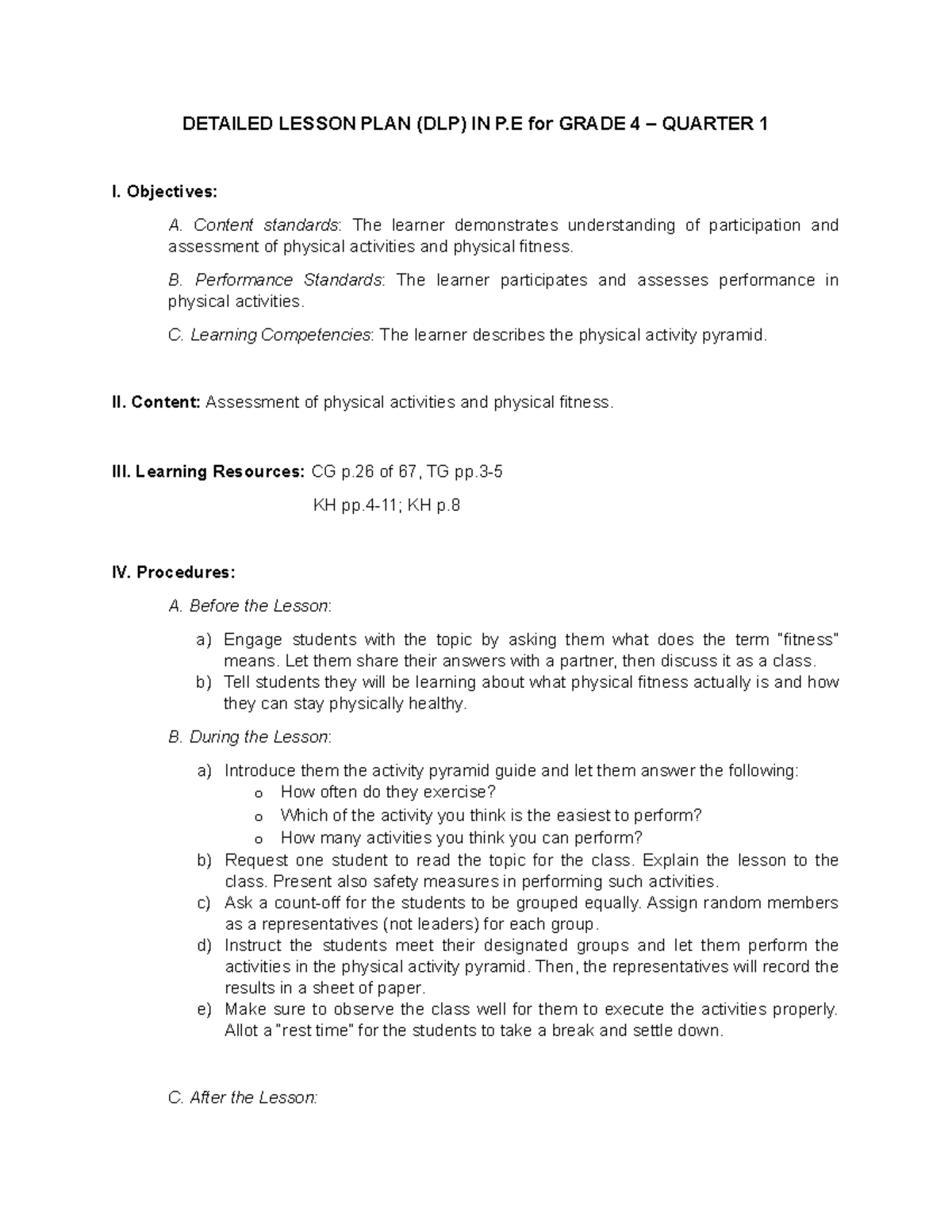 DLP PE (Teapeh 1) - summary of a lesson plan sample - DETAILED LESSON ...