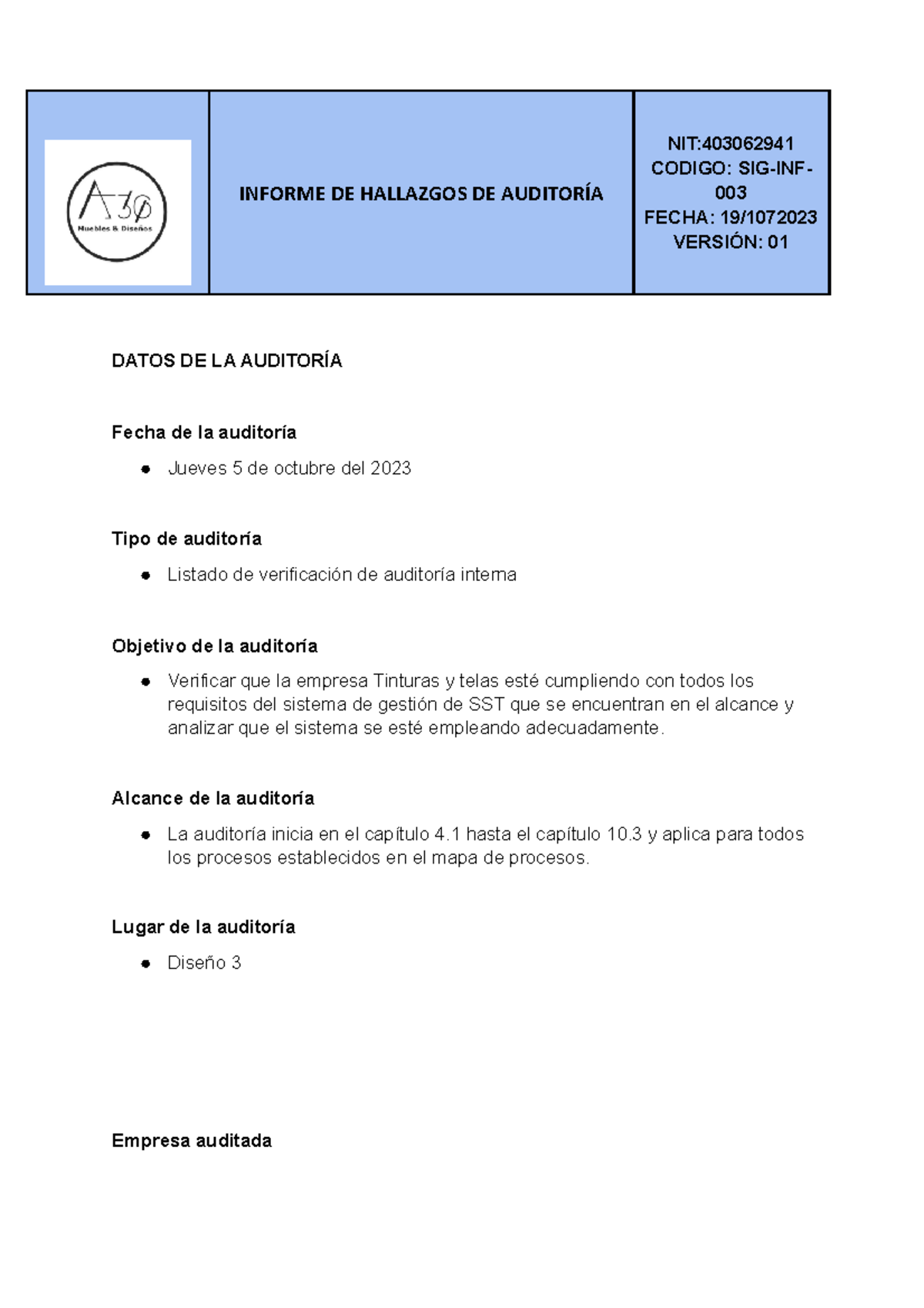 Informe DE Hallazgos DE Auditoria SST - INFORME DE HALLAZGOS DE AUDITORÍA CODIGO: SIG-INF- 003 ...