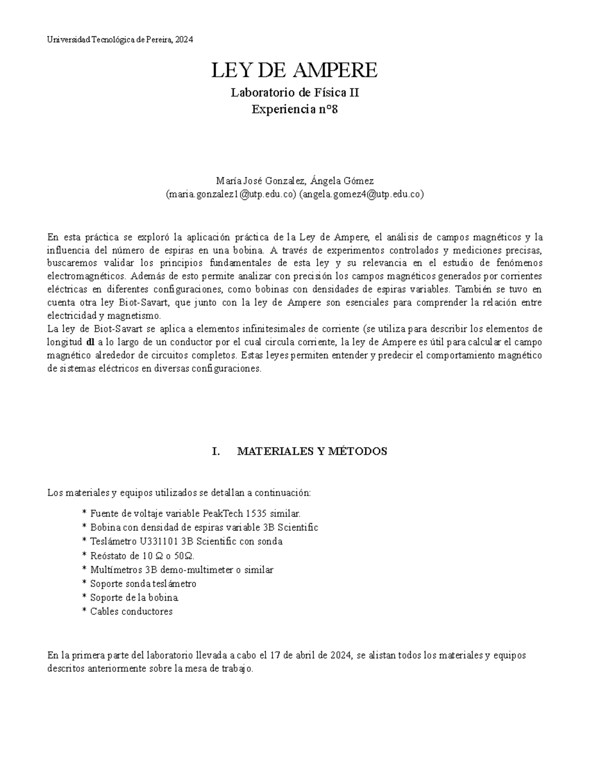 LAB. LEY DE Ampere - LEY DE AMPERE Laboratorio de Física II Experiencia ...