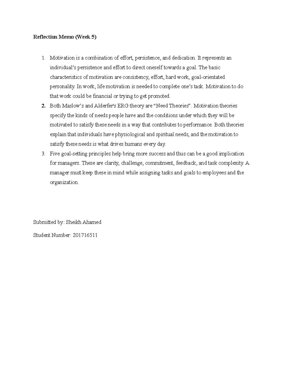 Week 3 memo - weekly memo - Reflection Memo (Week 5) Motivation is a ...