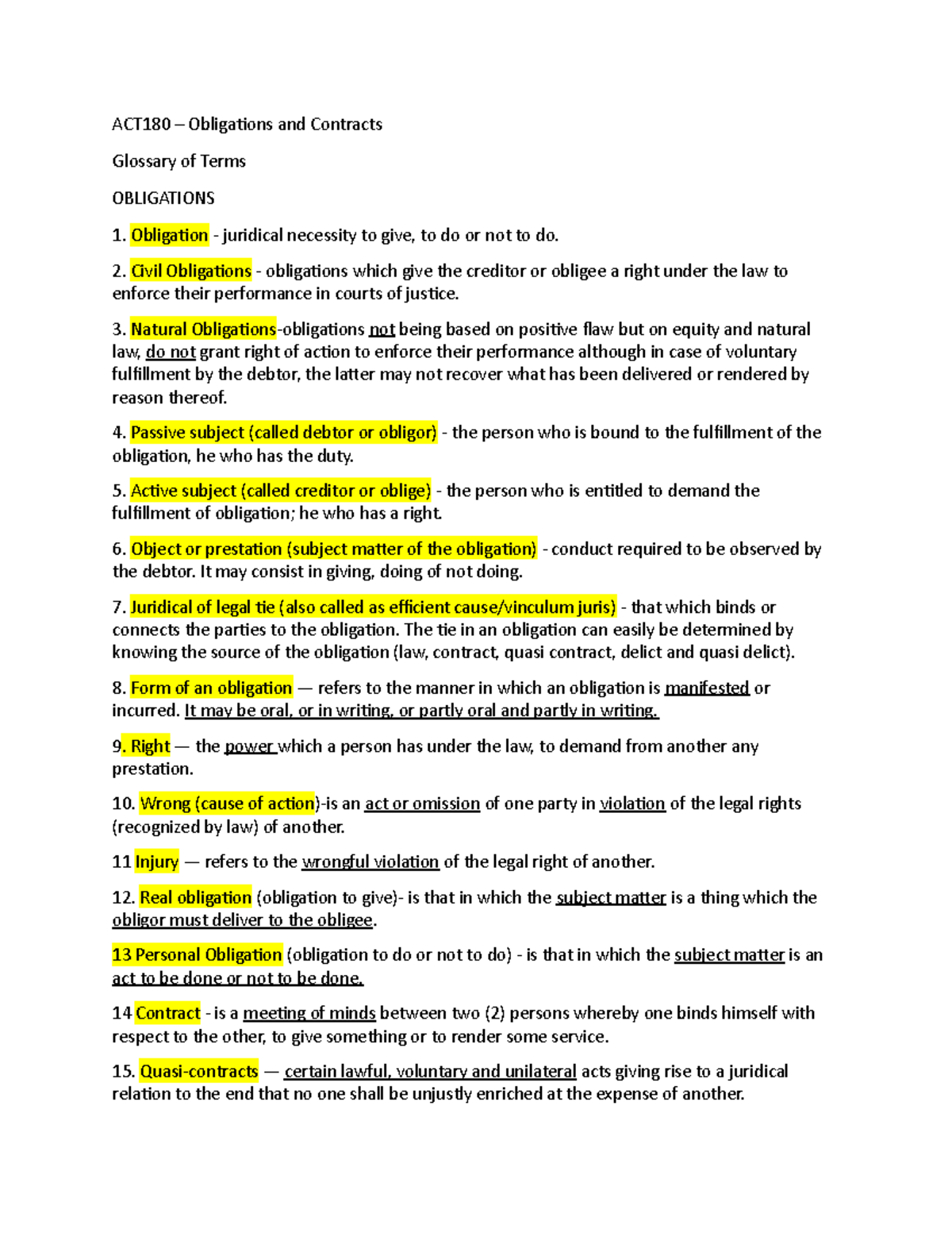 ACT180- Glossary of terms - ACT180 – Obligations and Contracts Glossary ...