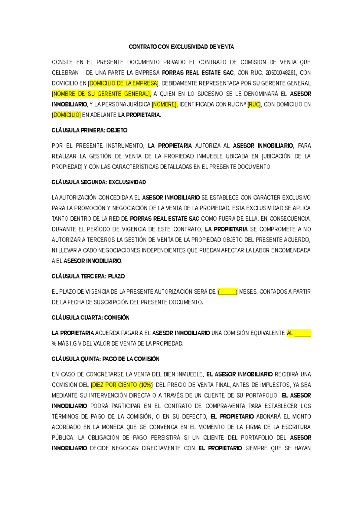 PJ. Contrato CON Exclusividad DE Venta - CONTRATO CON EXCLUSIVIDAD DE ...
