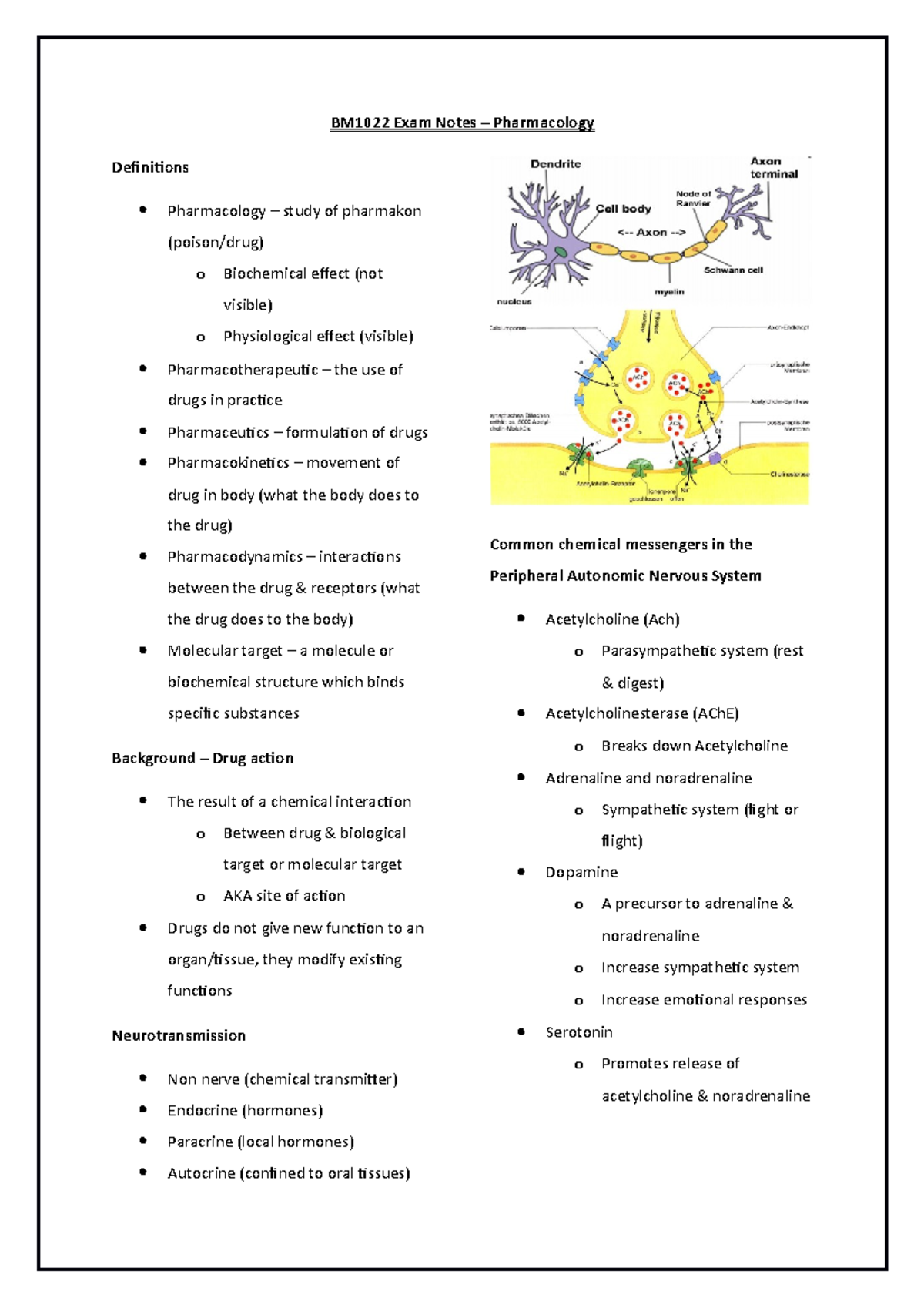 BM1022 Exam Notes Pharmacology - BM1022 Exam Notes – Pharmacology ...