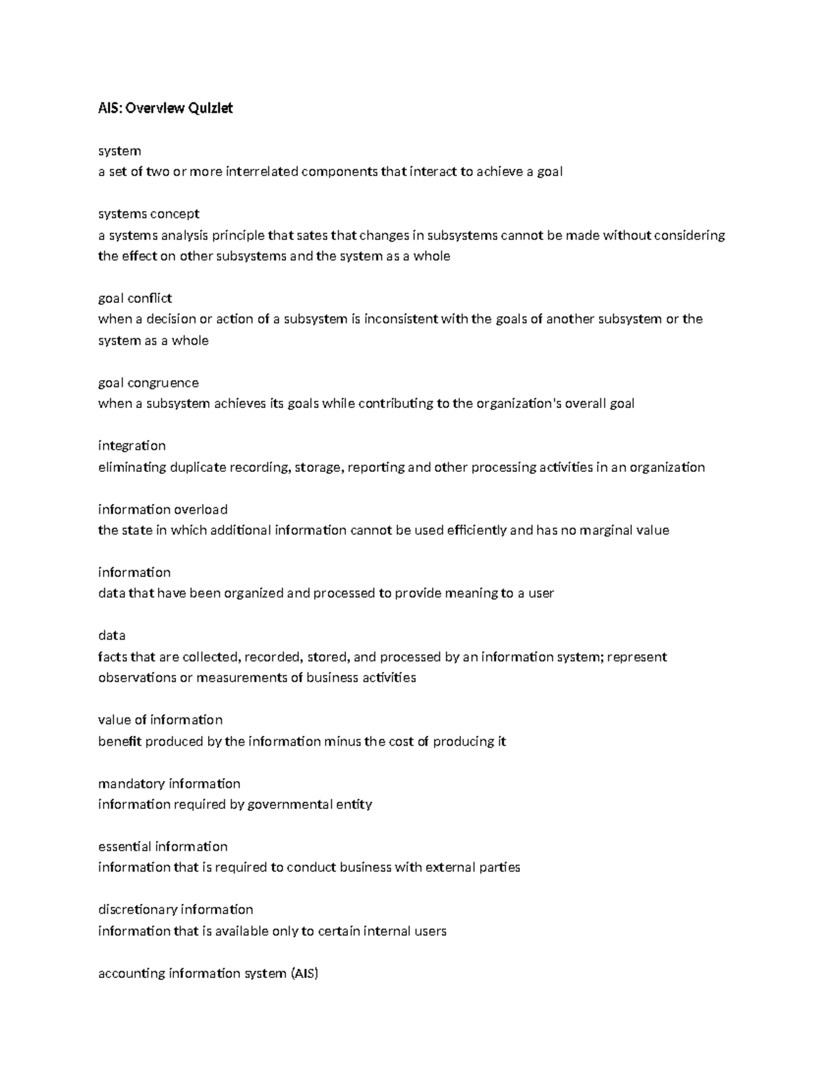 AIS - AIS CHAPT1 - AIS: Overview Quizlet system a set of two or more ...