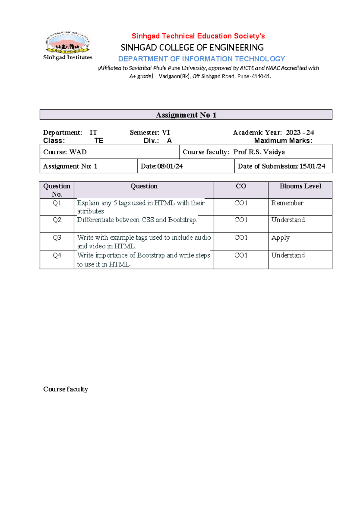 Assignment 1 - Sinhgad Technical Education Society’s SINHGAD COLLEGE OF ENGINEERING DEPARTMENT ...