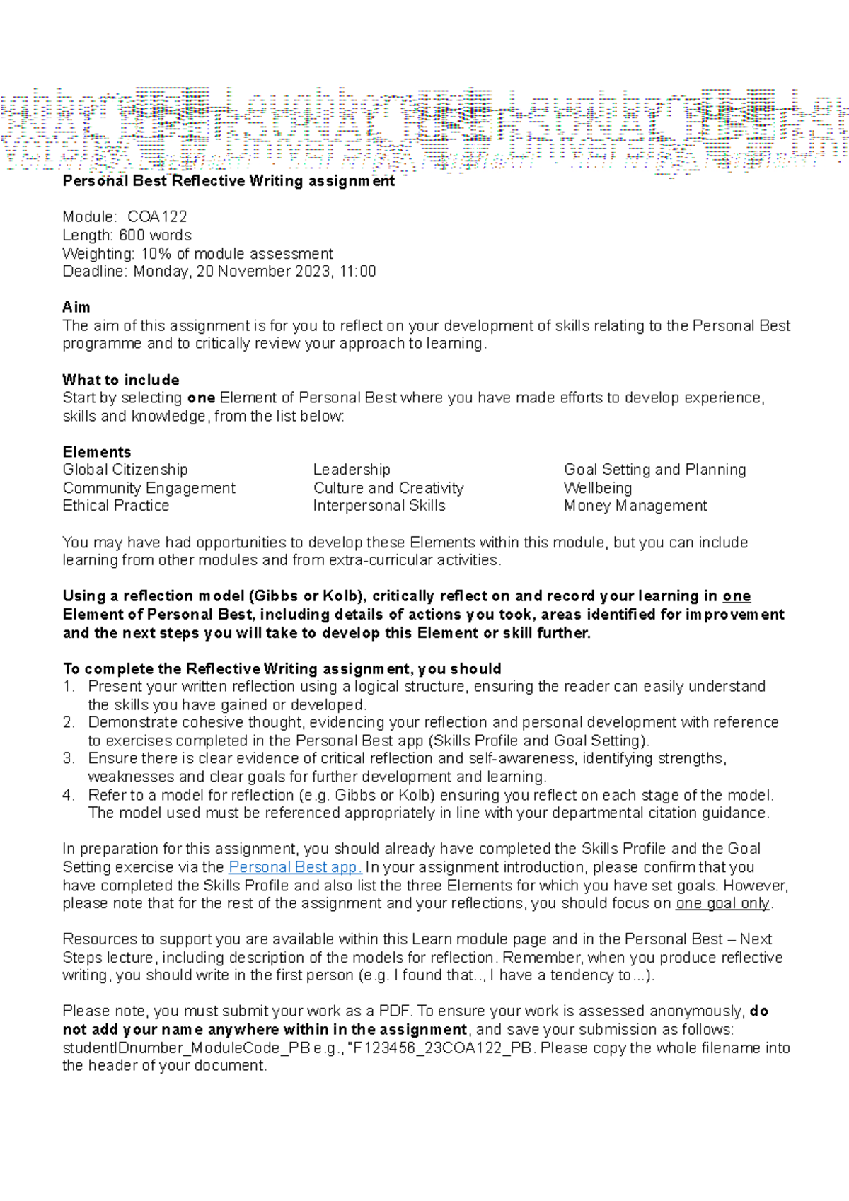 Part A Reflective Writing Assignment 2023-24 - Personal Best Reflective ...