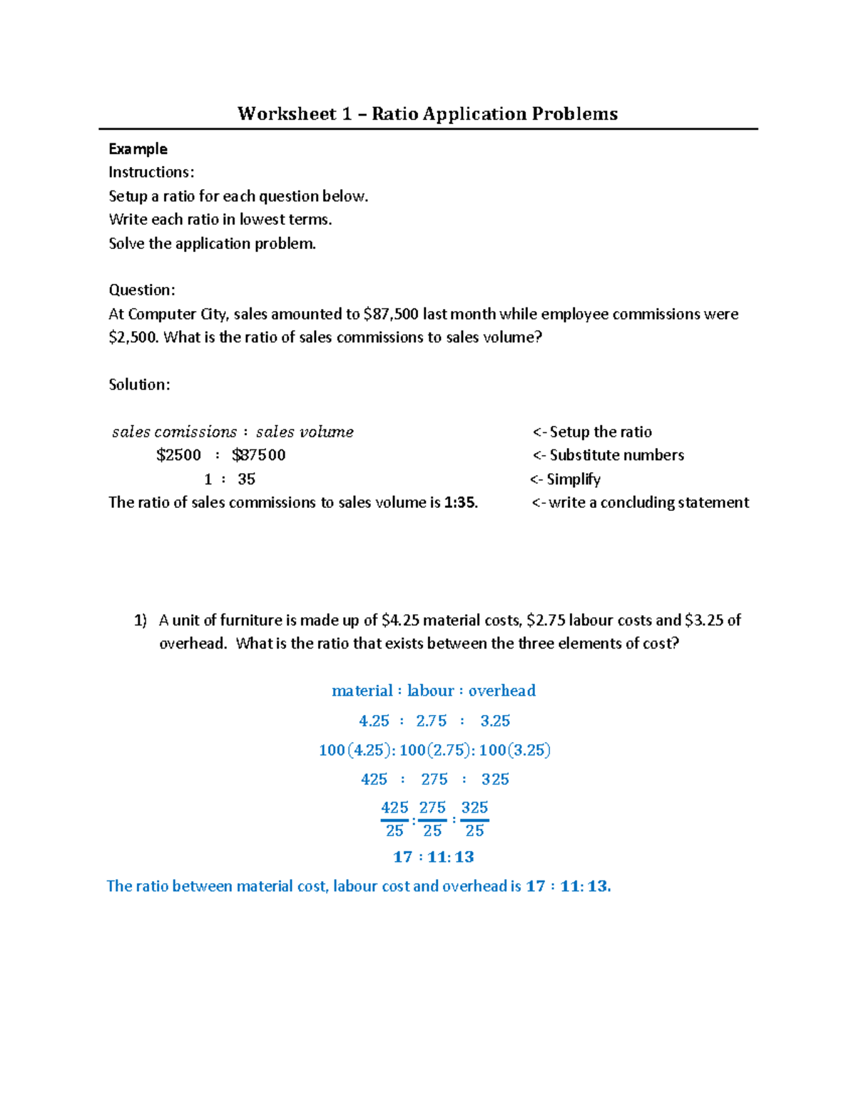 Worksheets - Week 9 - 2 Ratios and Proportions Application Problems ...