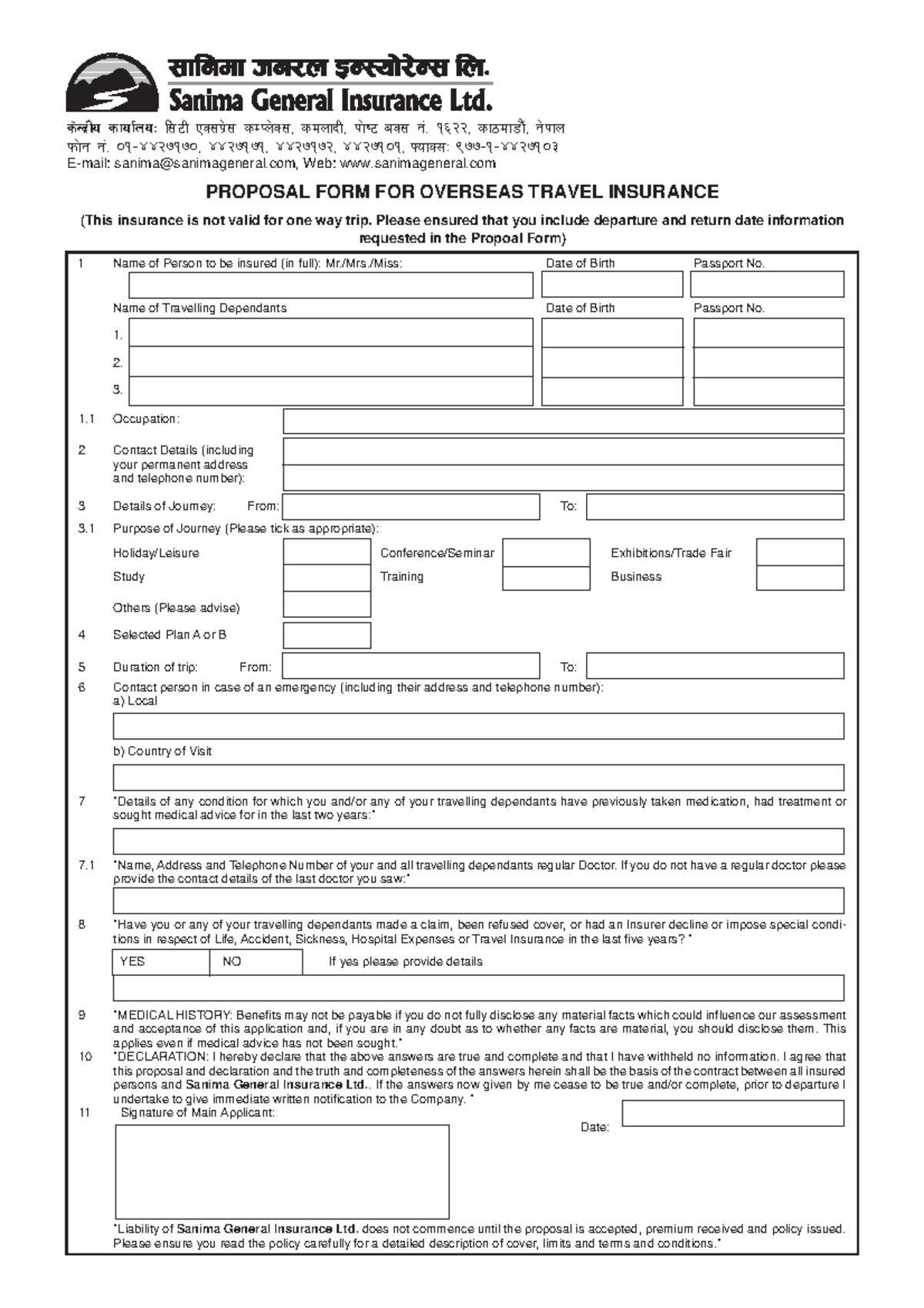 Travel Insurance Proposal Form - 1 Name of Person to be insured (in ...