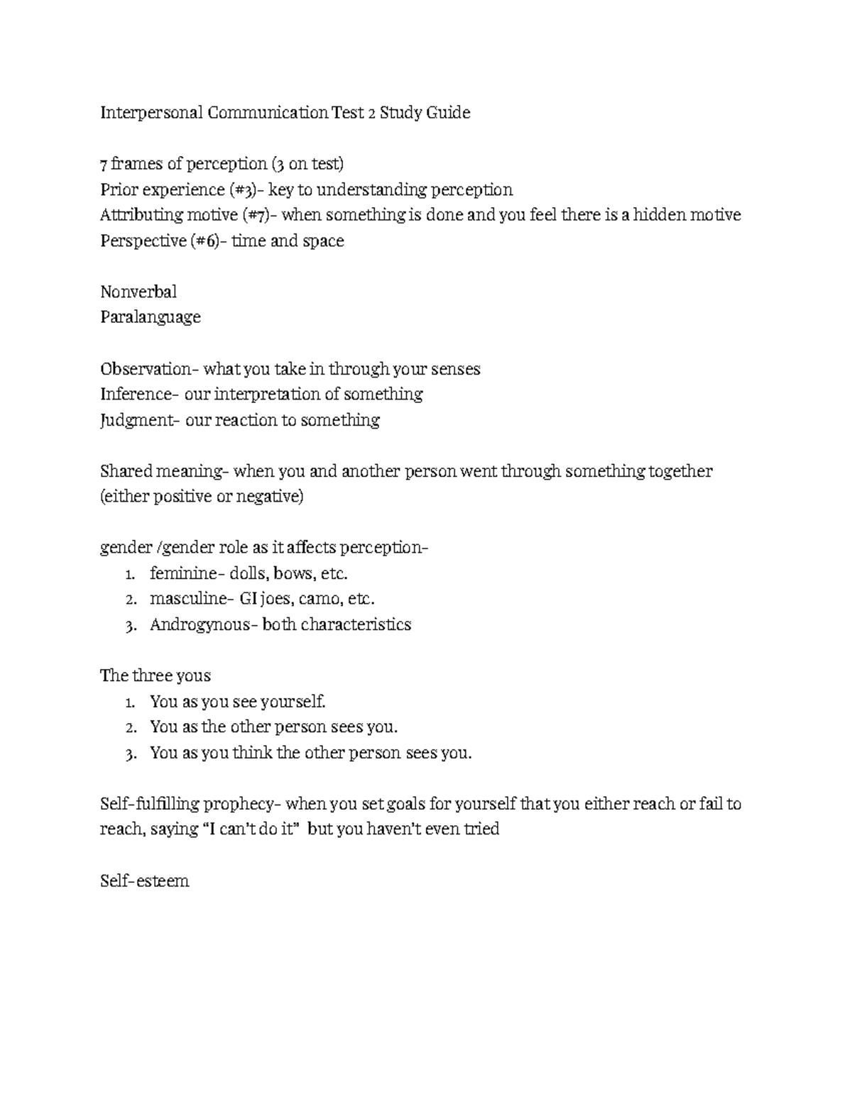 Test 2 study guide- interpersonal communication - Interpersonal ...