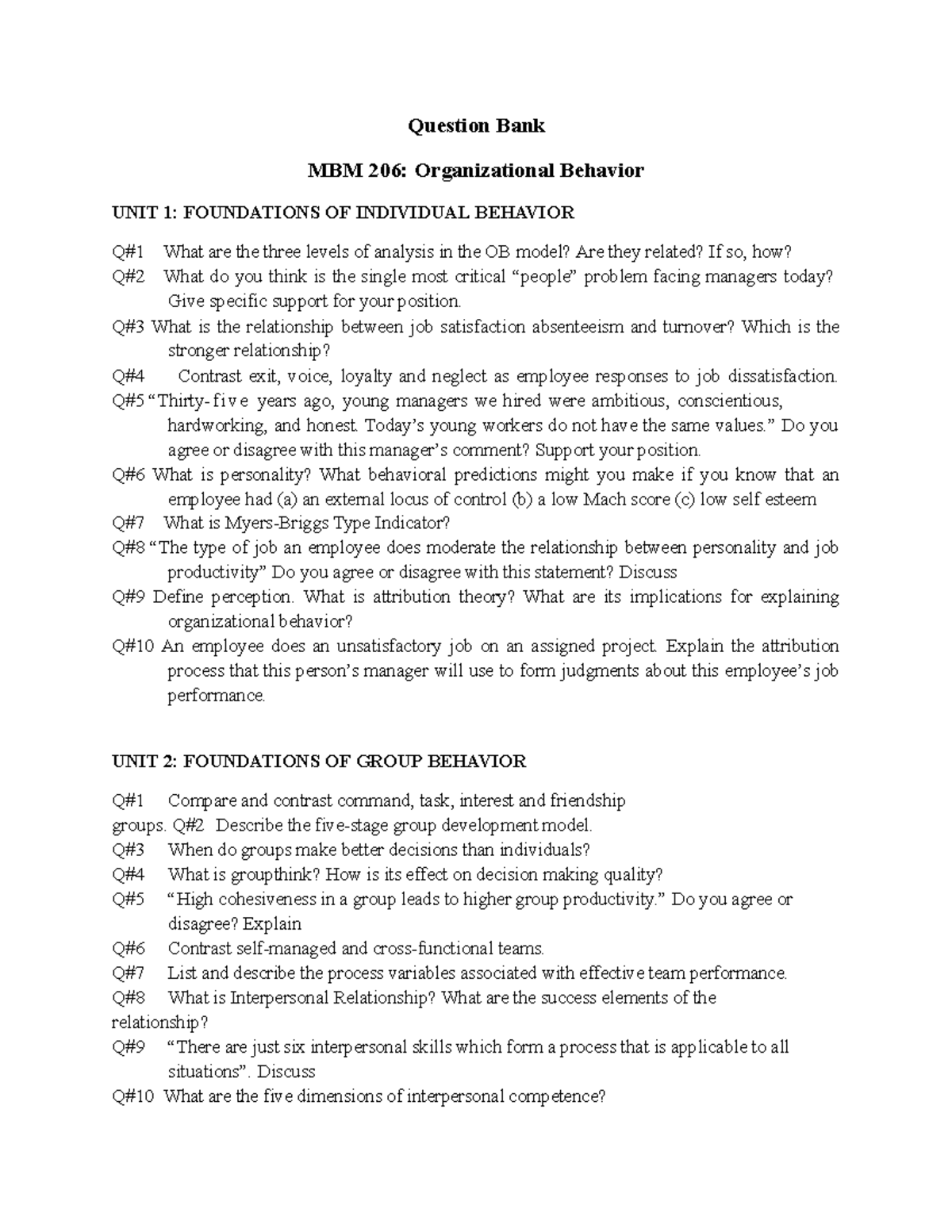Question Bank-MBM 206 Organizational Behavior - Question Bank MBM 206: Organizational Behavior ...