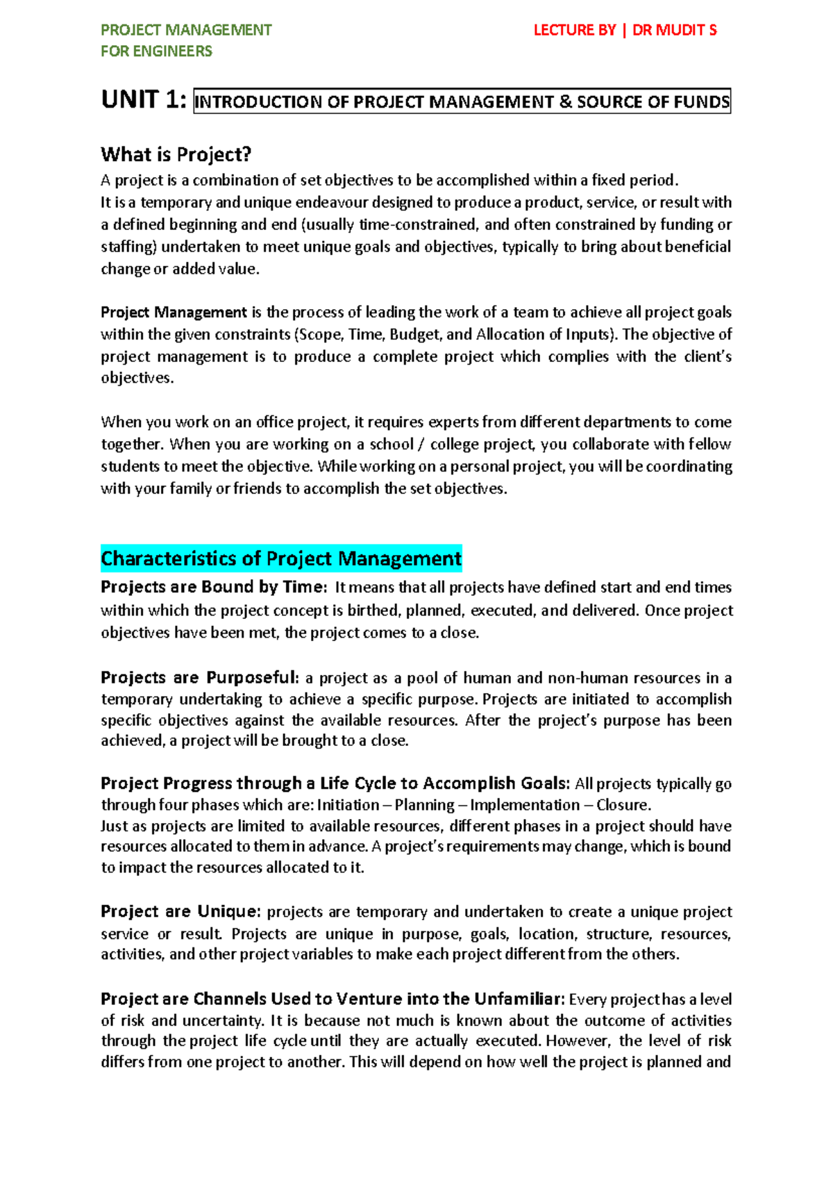U1 - Project Management & Sources of Funds(Part 1) - FOR ENGINEERS UNIT ...