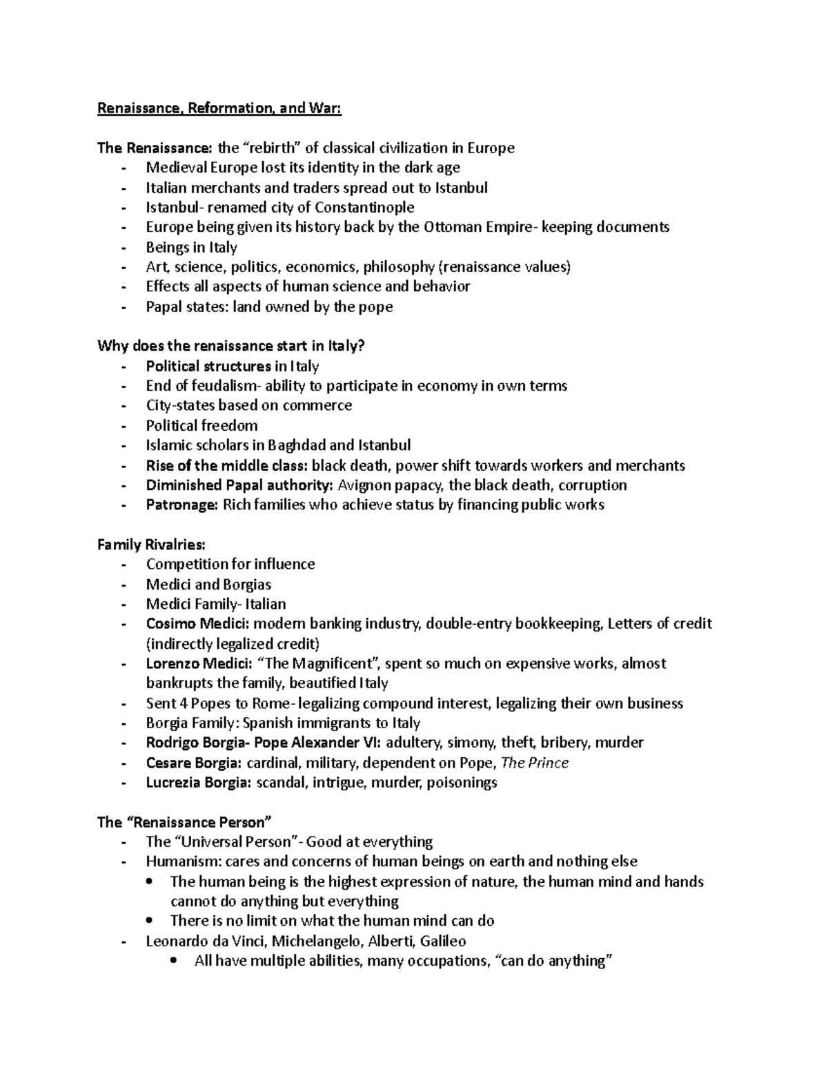 Week 4 Notes - Renaissance, Reformation, and War: The Renaissance: the ...